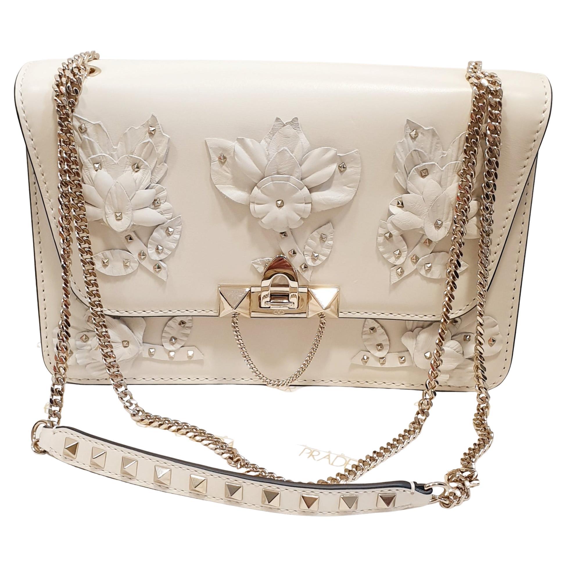 VALENTINO white beige leather FLOWER Flap Shoulder Bag at 1stDibs