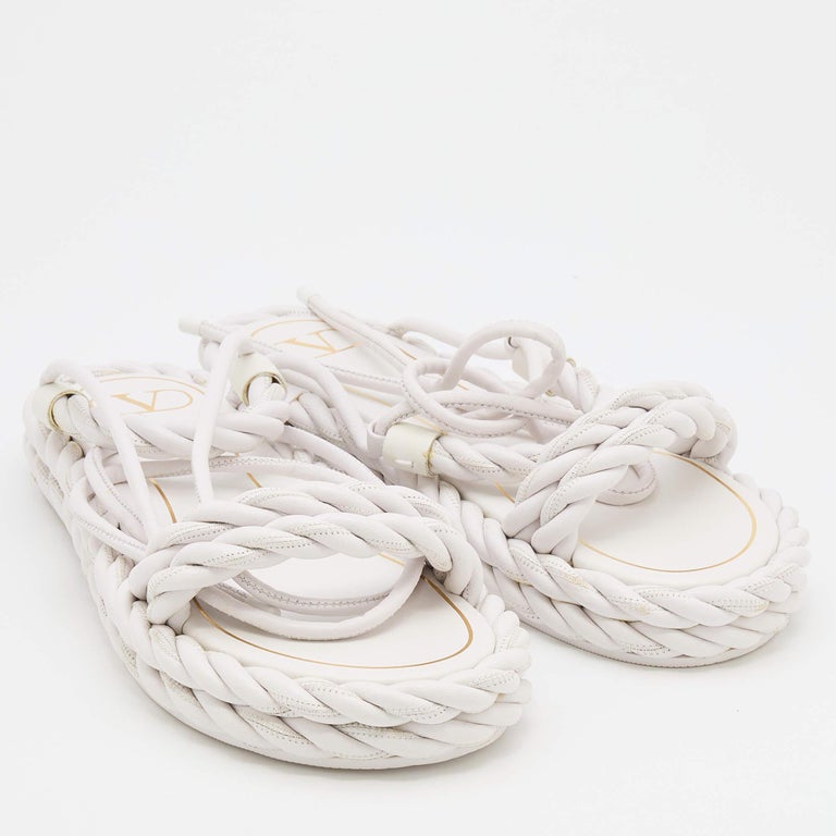 Valentino White Braided Leather The Rope Ankle Wrap Flat Sandals Size ...