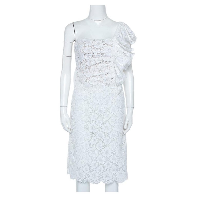 Valentino White Lace Ruffle Detail One Shoulder Midi Dress M For Sale ...