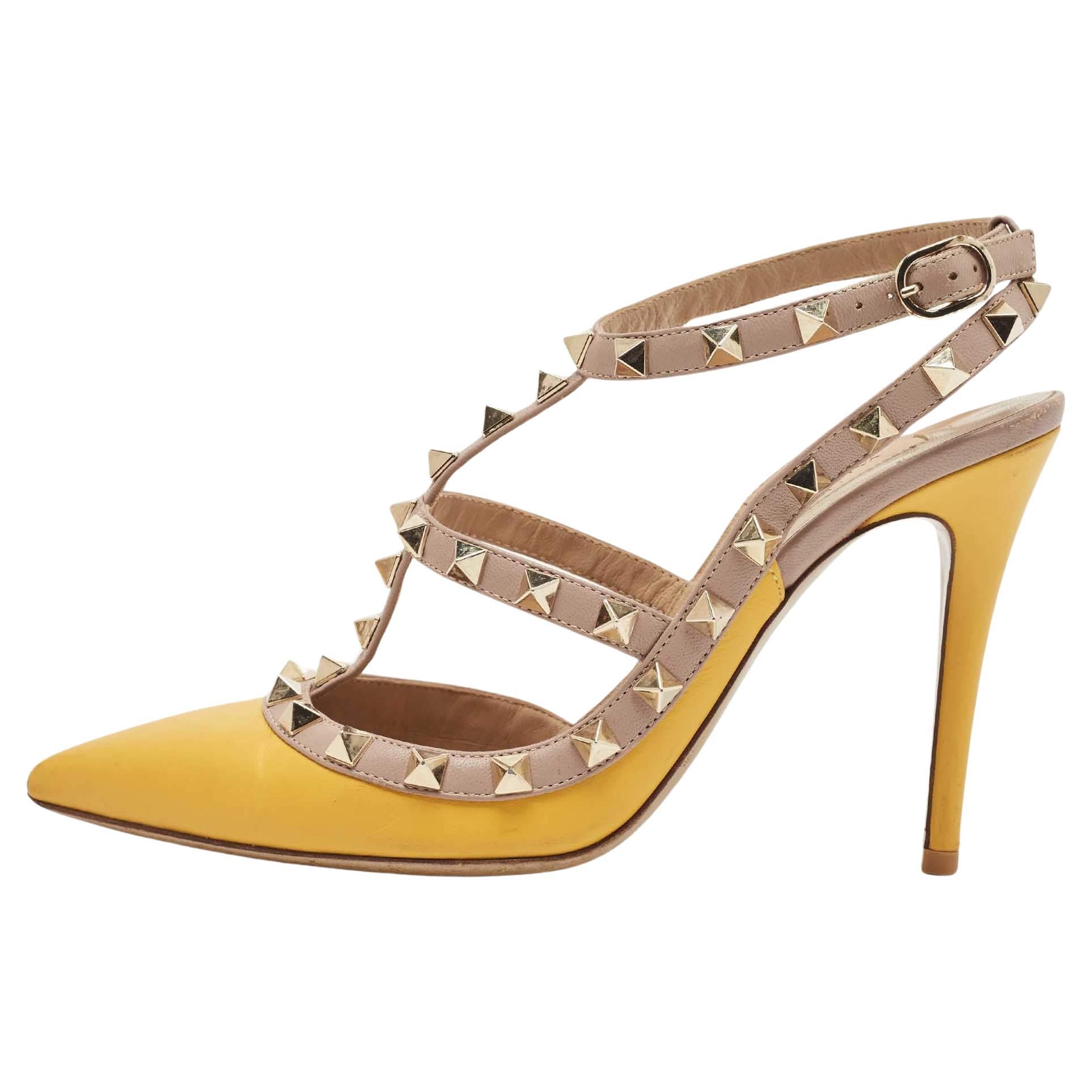Valentino Yellow/Beige Leather Rockstud Strappy Pointed Toe Pumps For ...