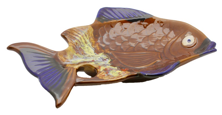 Vallauris 'France' Pottery Ceramic Fish Shape in Colors Brown and Blue ...