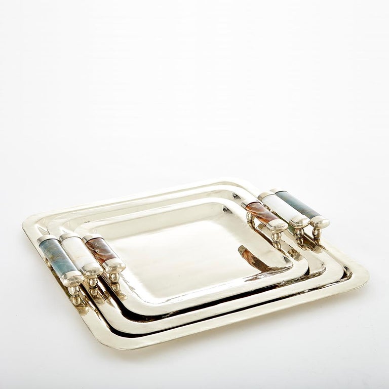Valle Square Medium Silver Alpaca and Cream Onyx Stone Bar Tray For ...