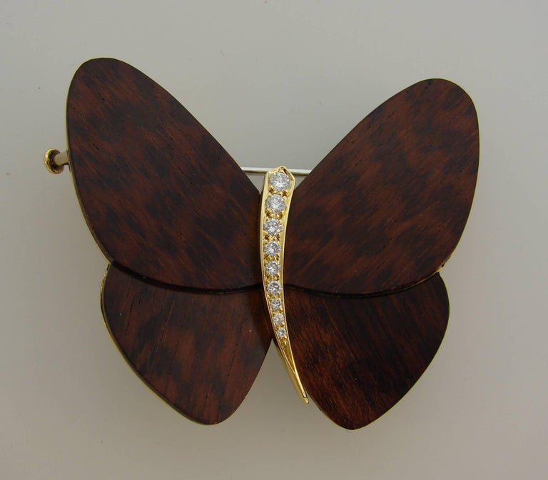 Van Cleef and Arpels Wood Diamond Yellow Gold Butterfly Pin Brooch Clip ...
