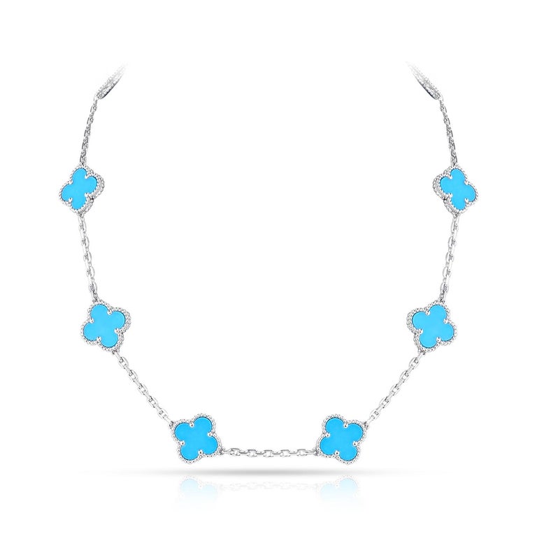 Van Cleef and Arpels 10 Motif Turquoise Alhambra Necklace For Sale at ...