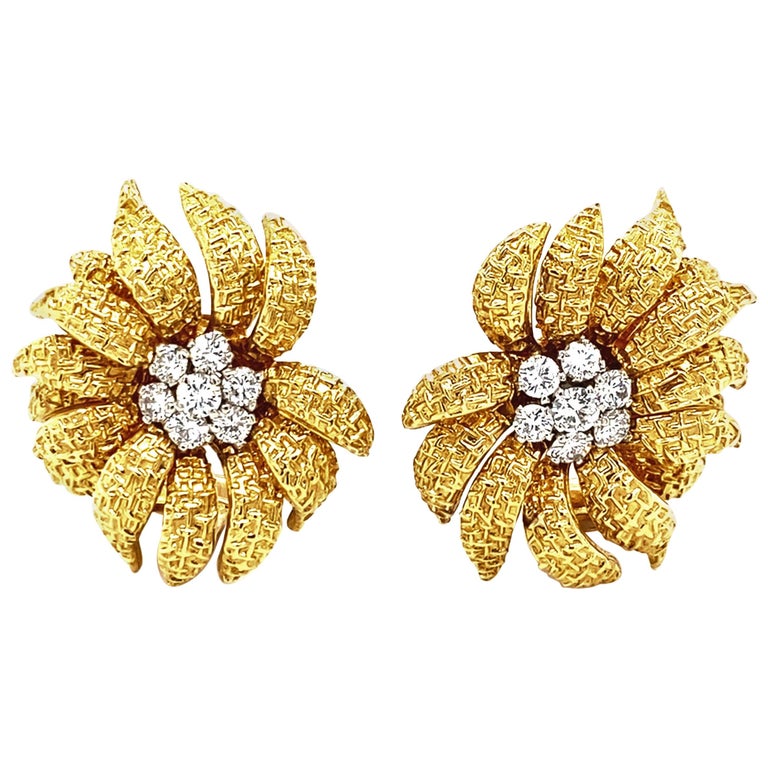 Van Cleef and Arpels 18 Karat Gold and Diamond Ear Clips, 1960s at 1stDibs