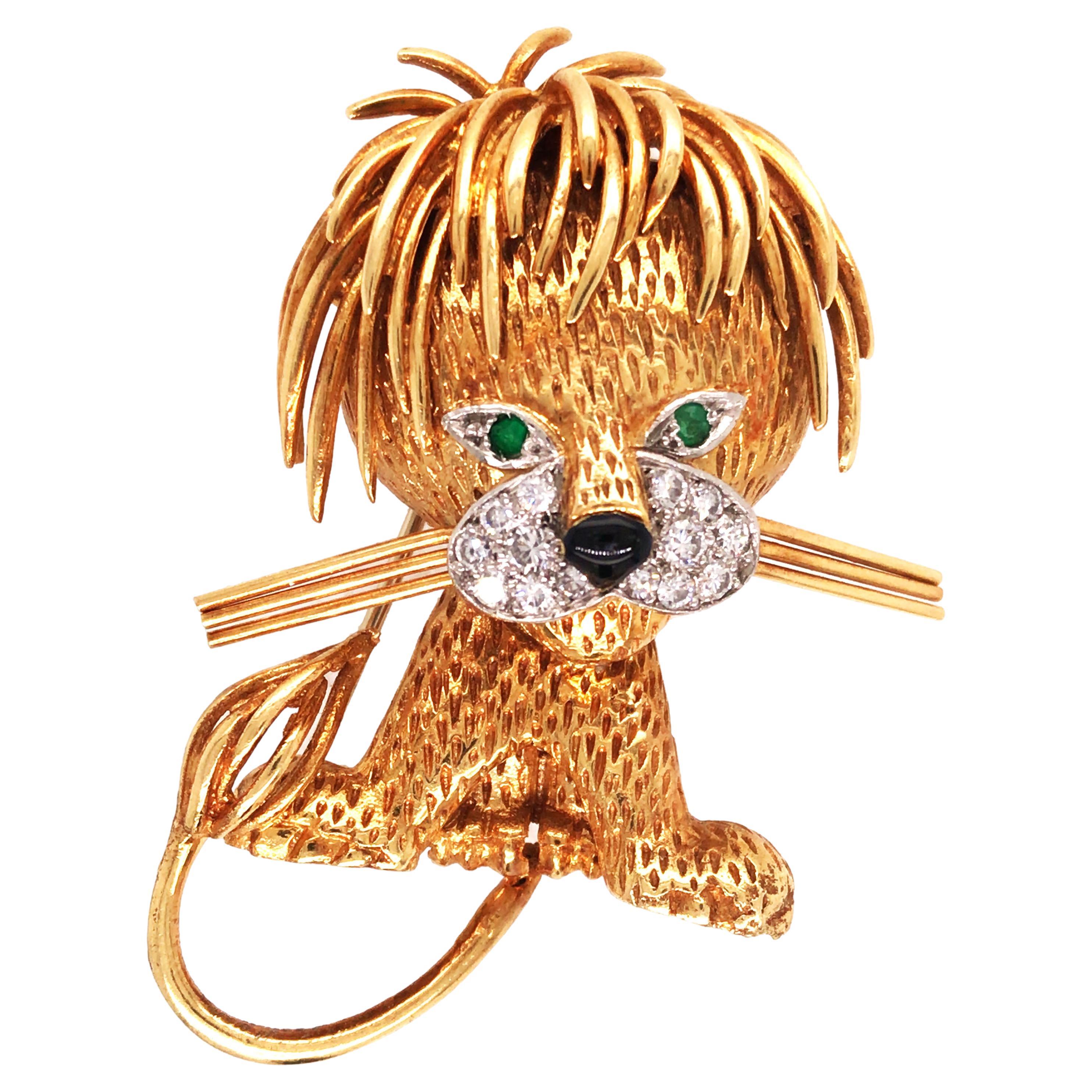Van Cleef and Arpels 18 Karat Yellow Gold Diamond Emerald Lion Brooch at 1stDibs | van cleef ...