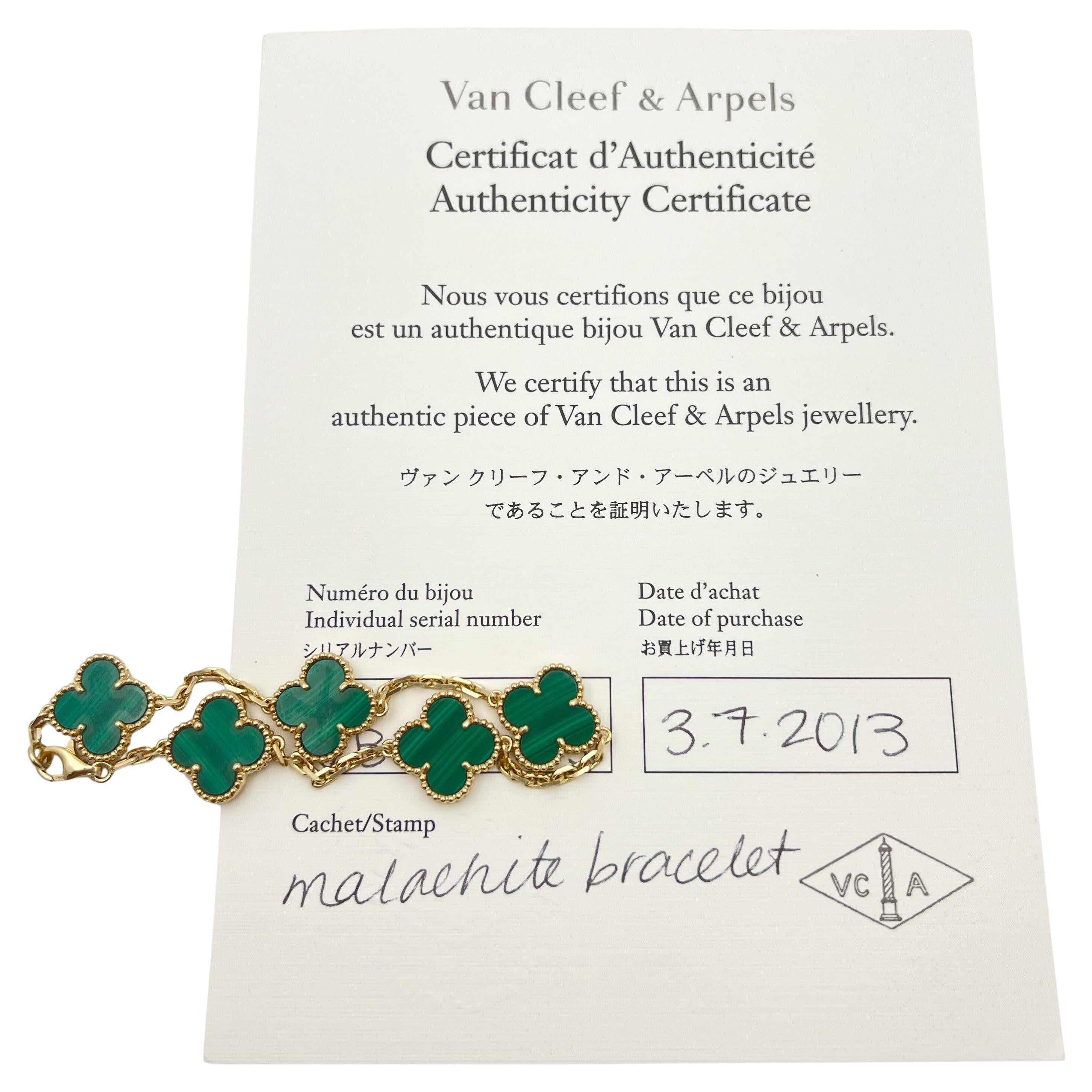 Van Cleef and Arpels 18k Gold Malachite Vintage Alhambra Bracelet For ...
