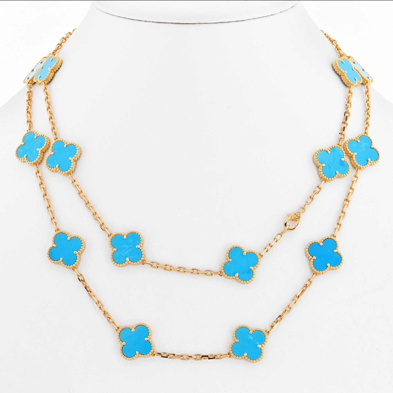 Van Cleef and Arpels 18K Yellow Gold 20 Motif Turquoise Alhambra Chain ...