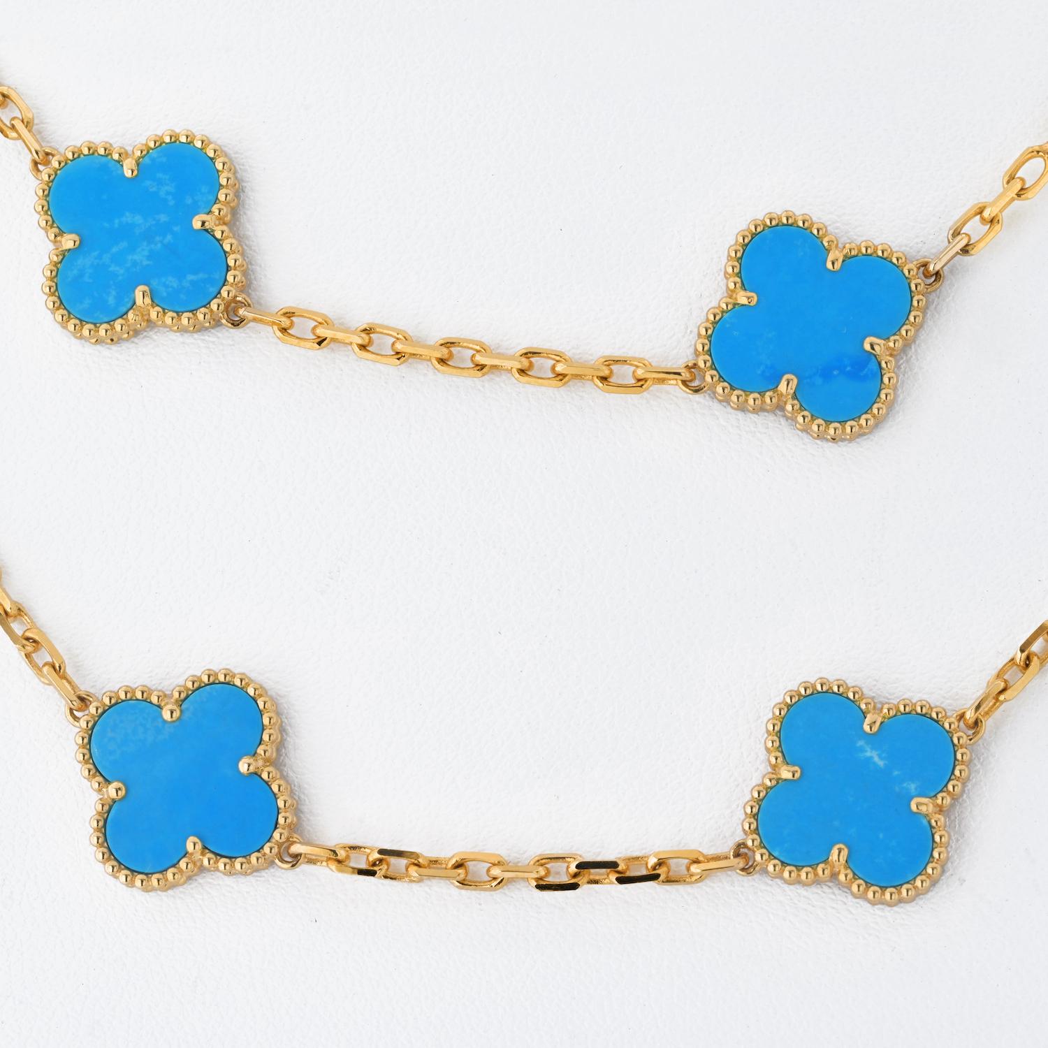 Van Cleef and Arpels 18K Yellow Gold 20 Motif Turquoise Alhambra Chain ...