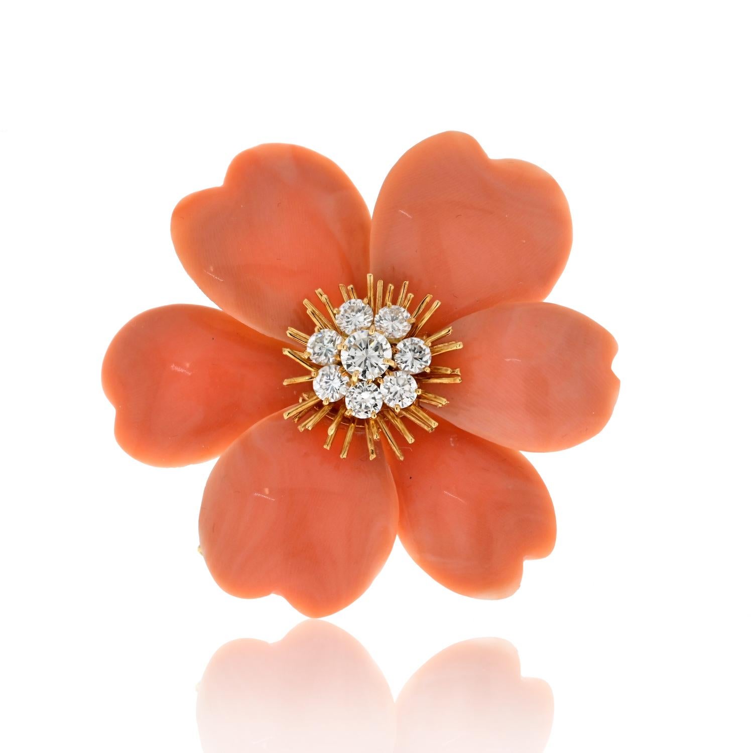 Van Cleef and Arpels 18K Yellow Gold Coral Diamond Brooch For Sale at ...