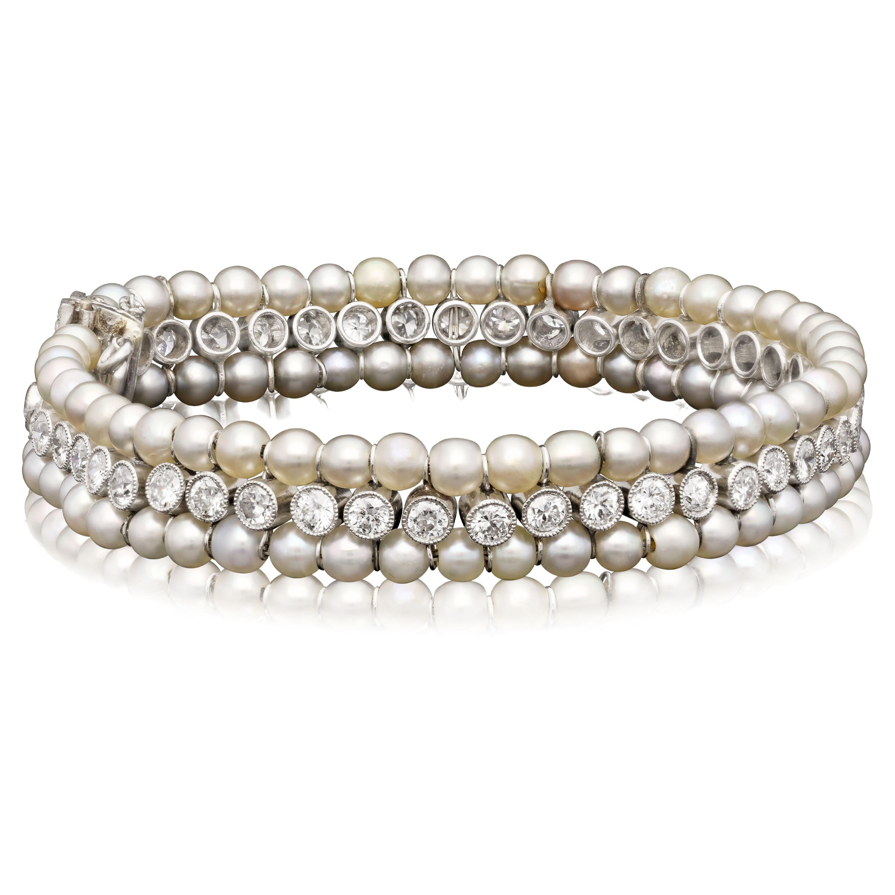 Edwardian Natural Pearl Diamond Platinum and Gold Bracelet at 1stDibs