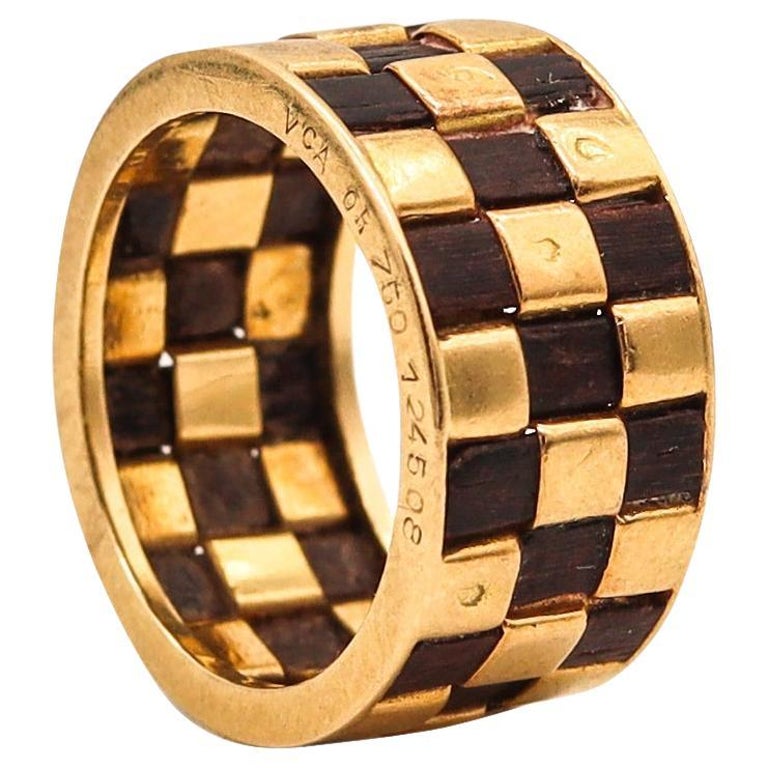 Van Cleef and Arpels 1970 Paris Checkerboard Wood Ring in 18Kt Yellow ...