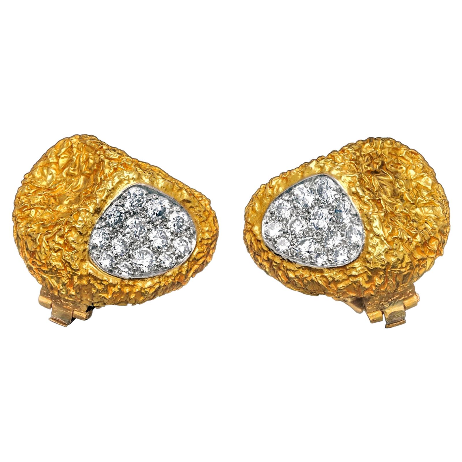 Van Cleef and Arpels Abstract Diamond Textured Yellow Gold Ear Clips ...