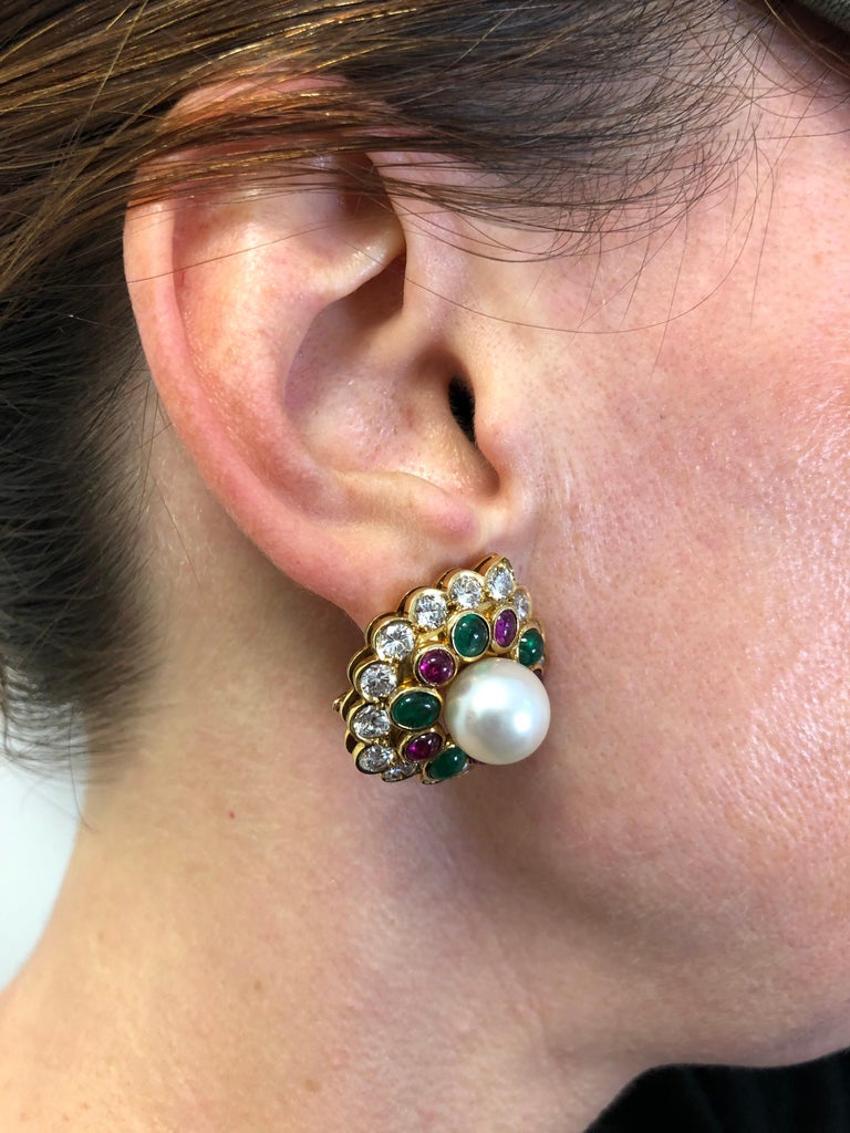Van Cleef and Arpels Cabochon Rubies, Emerald, Pearl Ear Clips For Sale ...