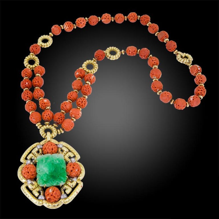 Van Cleef and Arpels Carved Coral Beads, Jade, Diamond Necklace For ...