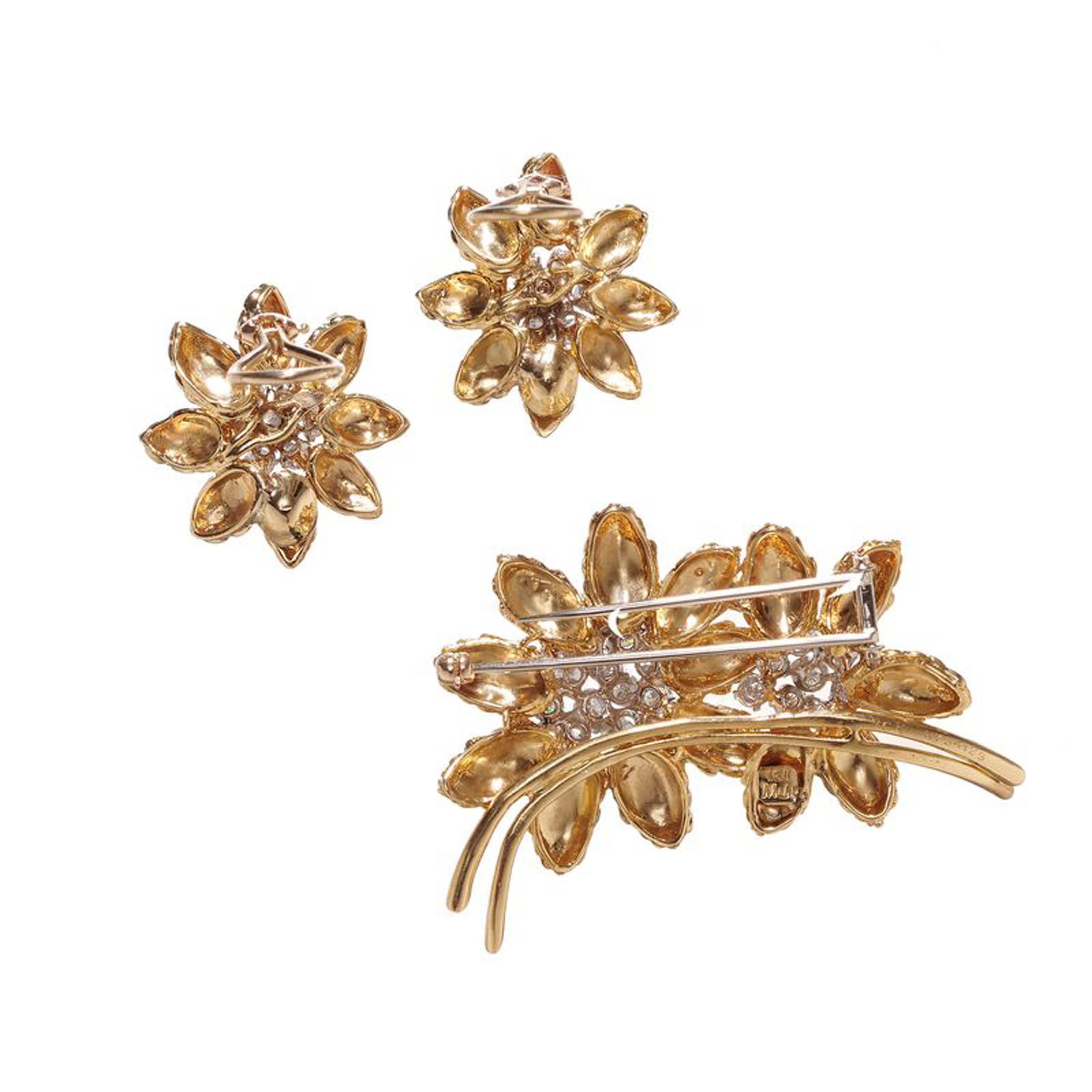 Van Cleef and Arpels Diamond and Yellow Gold Flower Brooch and Earrings ...