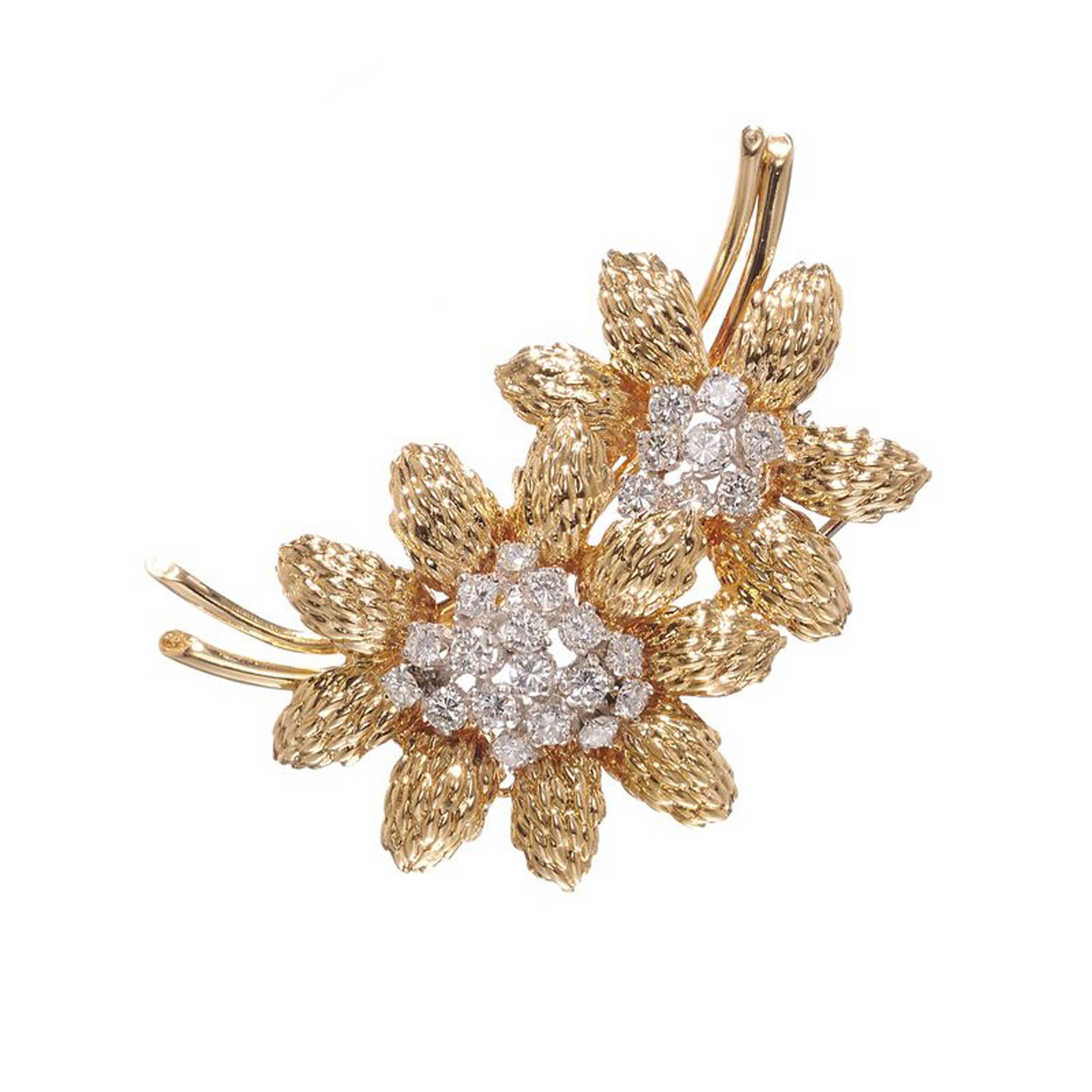 Van Cleef and Arpels Diamond and Yellow Gold Flower Brooch and Earrings ...