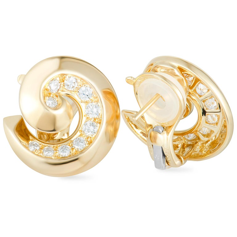 Van Cleef and Arpels Diamond Breeze Swirl Yellow Gold Omega Earrings at ...
