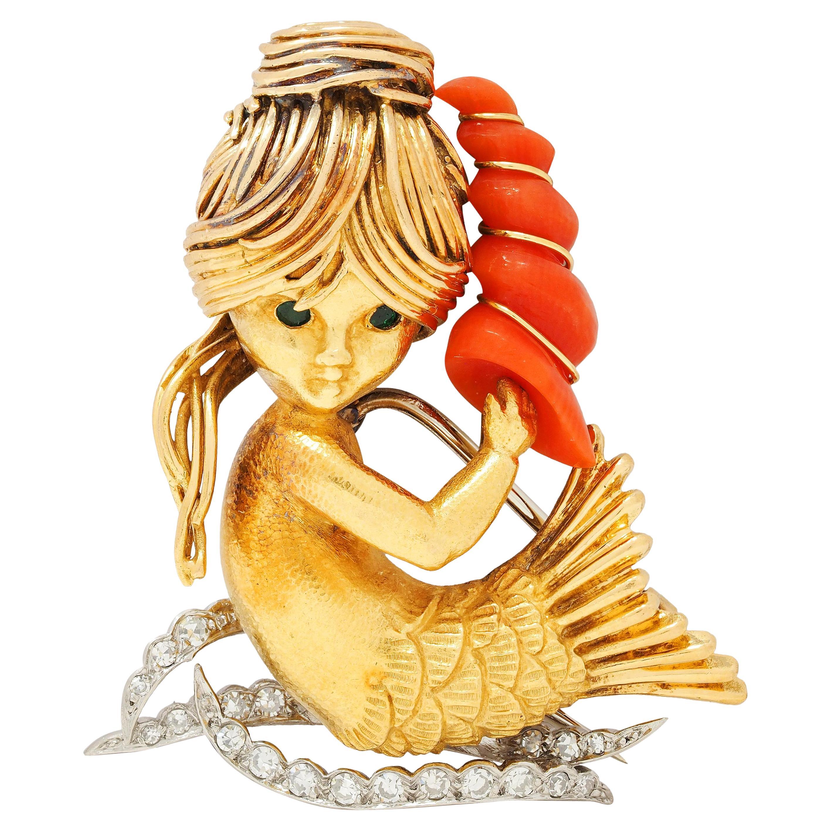Van Cleef and Arpels Diamond Coral Platinum 18 Karat Gold Mermaid Siren ...