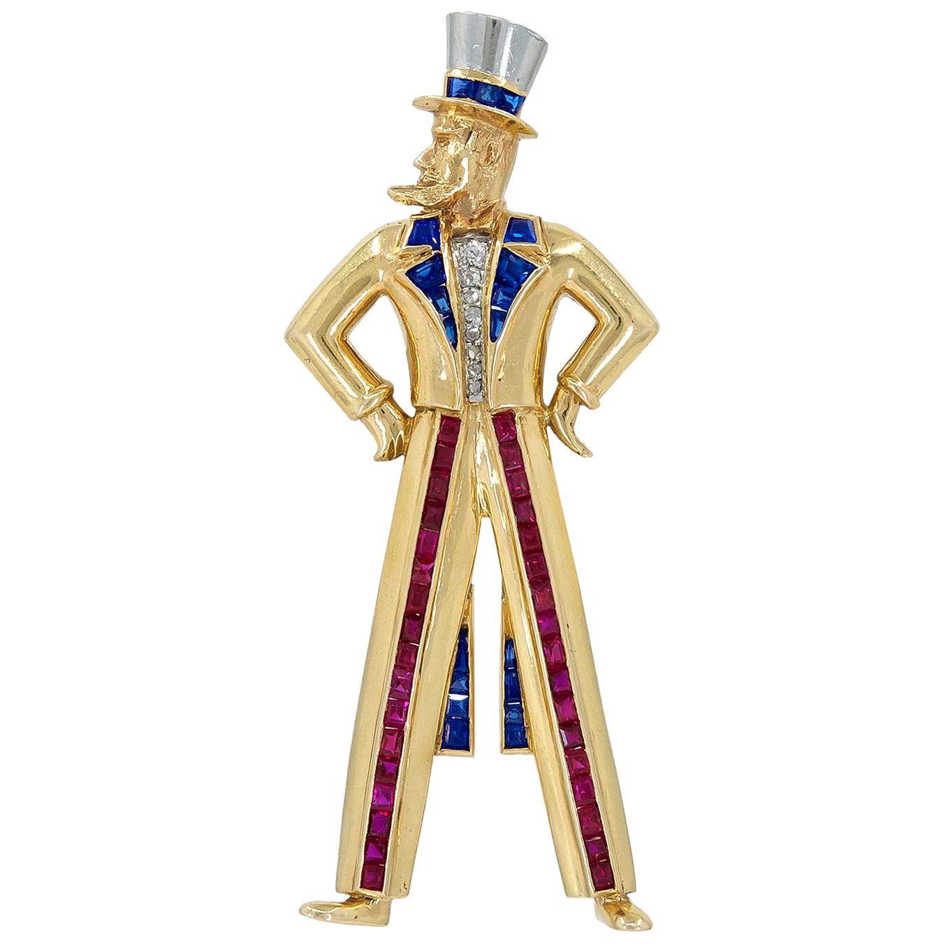Van Cleef and Arpels Diamond Ruby Sapphire Yellow Gold Uncle Sam Brooch ...