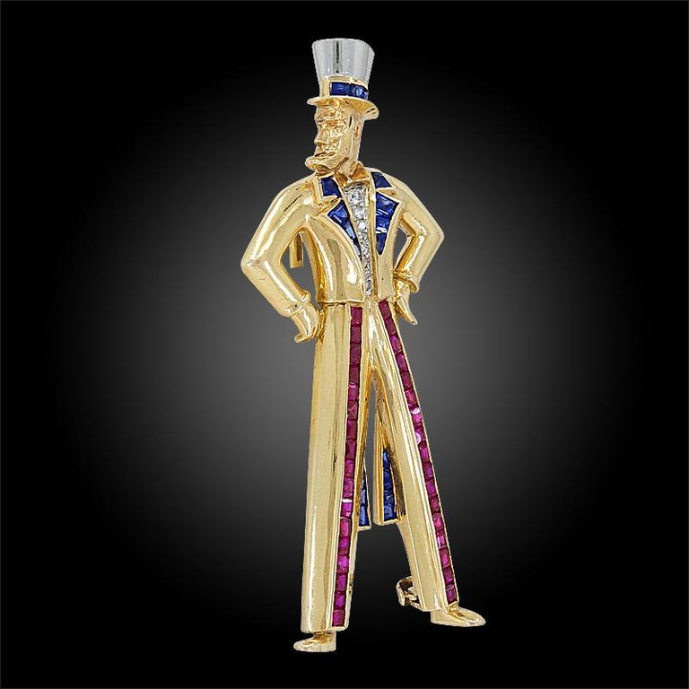 Van Cleef and Arpels Diamond Ruby Sapphire Yellow Gold Uncle Sam Brooch ...