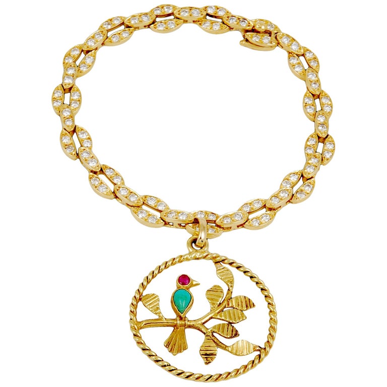 Van Cleef and Arpels Diamond Ruby Turquoise Yellow Gold Bird Charm ...