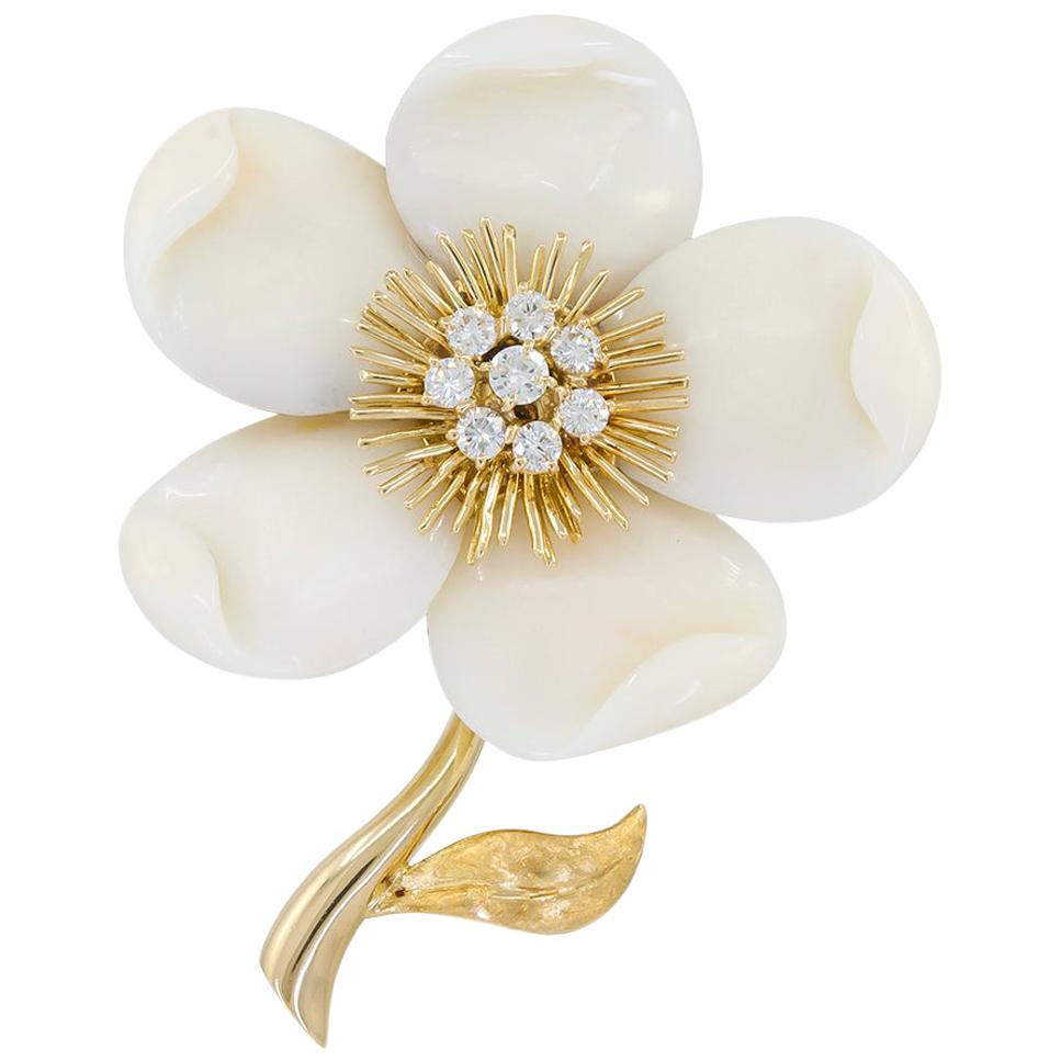Van Cleef and Arpels Diamond, White Coral Flower Brooch For Sale at 1stDibs