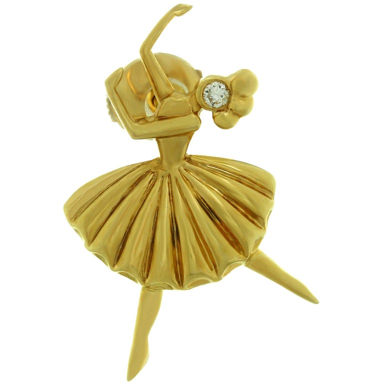 Van Cleef and Arpels Diamond Yellow Gold Ballerina Pin Brooch at 1stDibs
