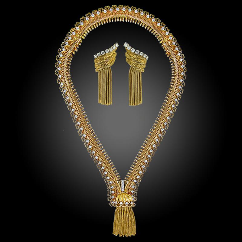 Van Cleef and Arpels Diamond Yellow Gold Zip Necklace and Ear Clips For ...