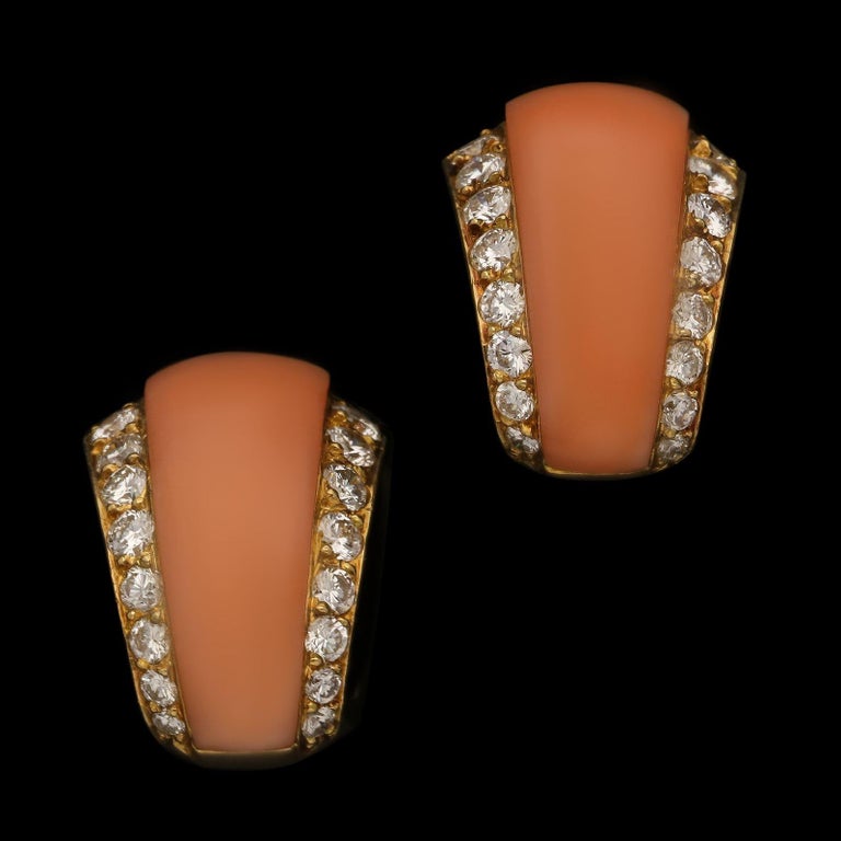 Van Cleef and Arpels Elegant Pair of Fan Shaped Coral and Diamond Ear ...