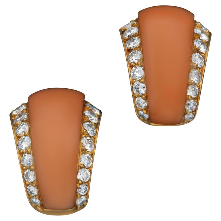 Van Cleef and Arpels Elegant Pair of Fan Shaped Coral and Diamond Ear ...