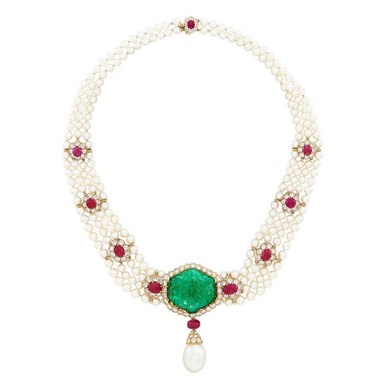 Van Cleef and Arpels Emerald Pearl Ruby Necklace at 1stDibs