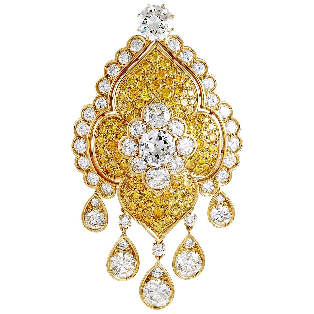 Art Deco Fancy Yellow Diamond Navette Brooch For Sale at 1stDibs