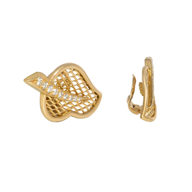 Van Cleef and Arpels, France Gold and Diamond Openwork Leaf Clip ...