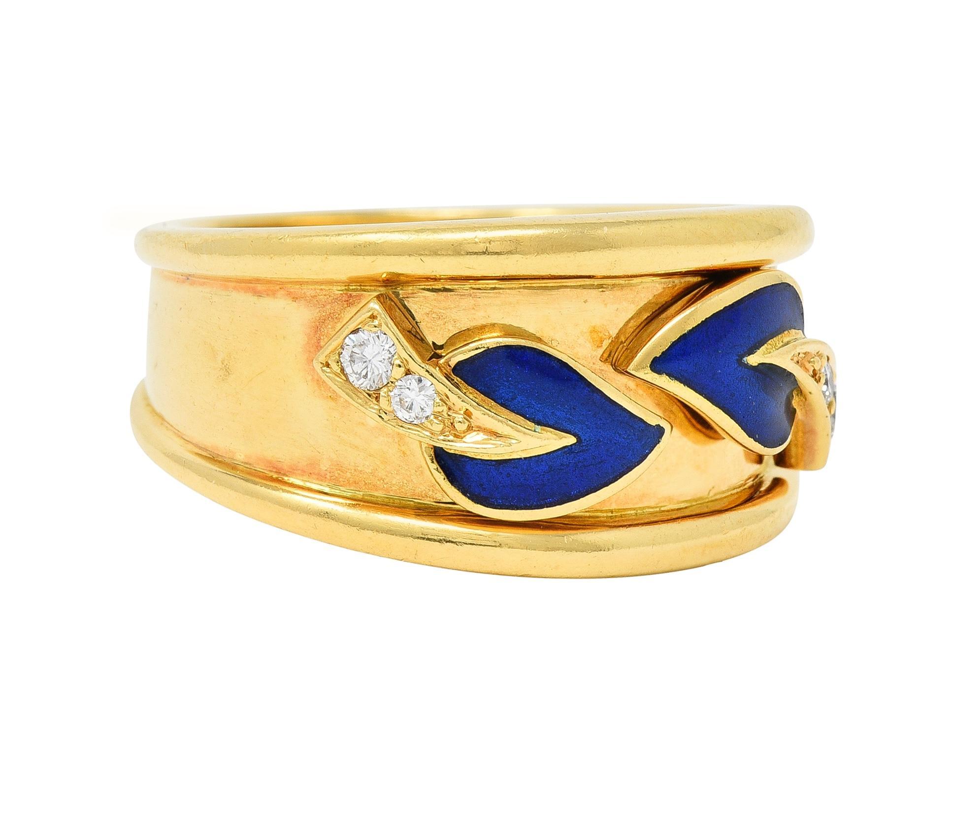 Van Cleef and Arpels French Diamond Enamel 18 Karat Yellow Gold Band ...