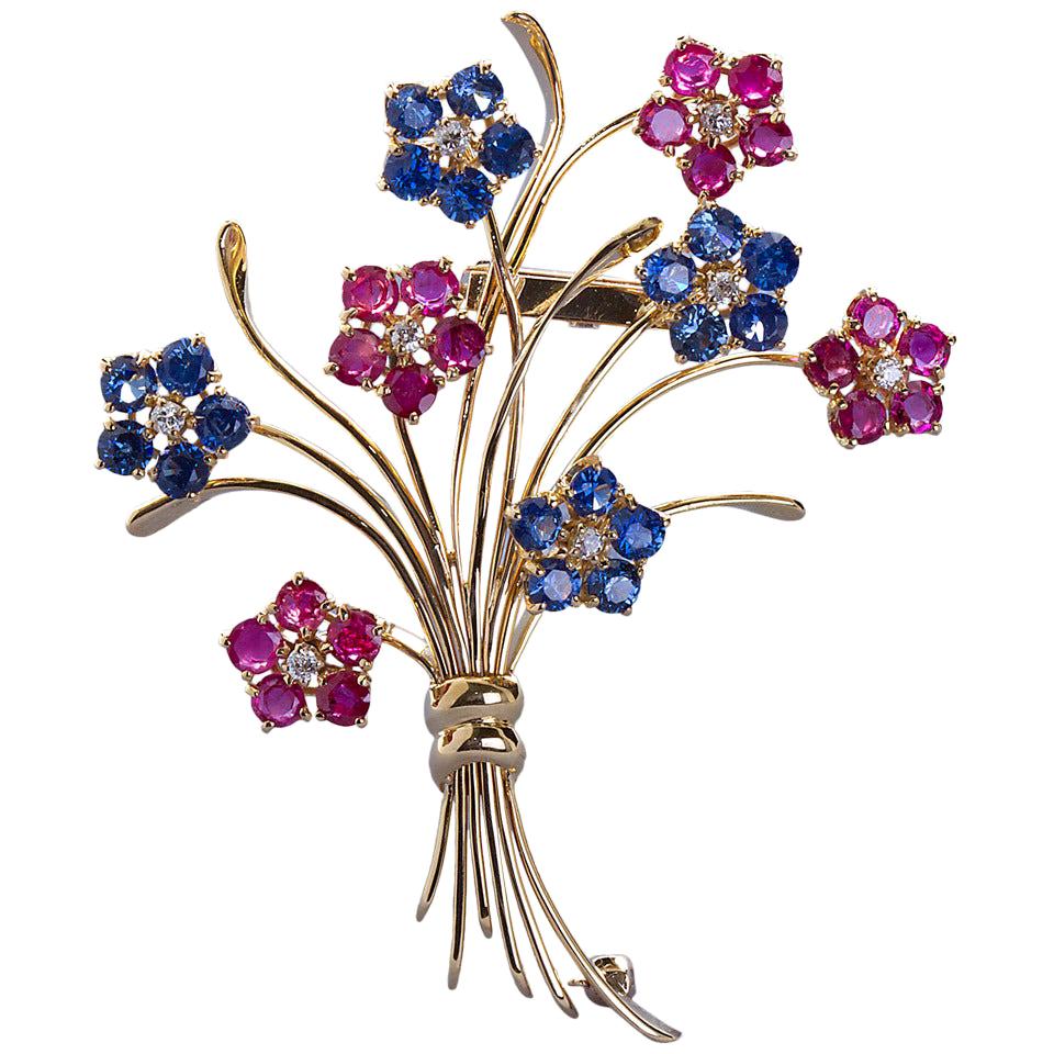 Van Cleef and Arpels French Ruby Sapphire Flower Bouquet Brooch For ...