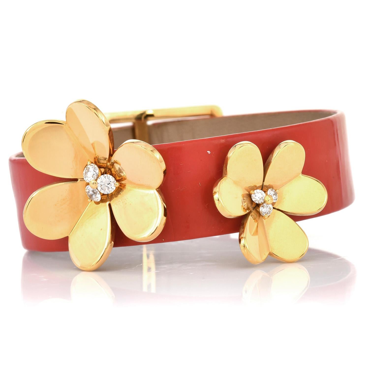 Van Cleef and Arpels "Frivole" Diamond 18K Yellow Gold Flower Leather ...