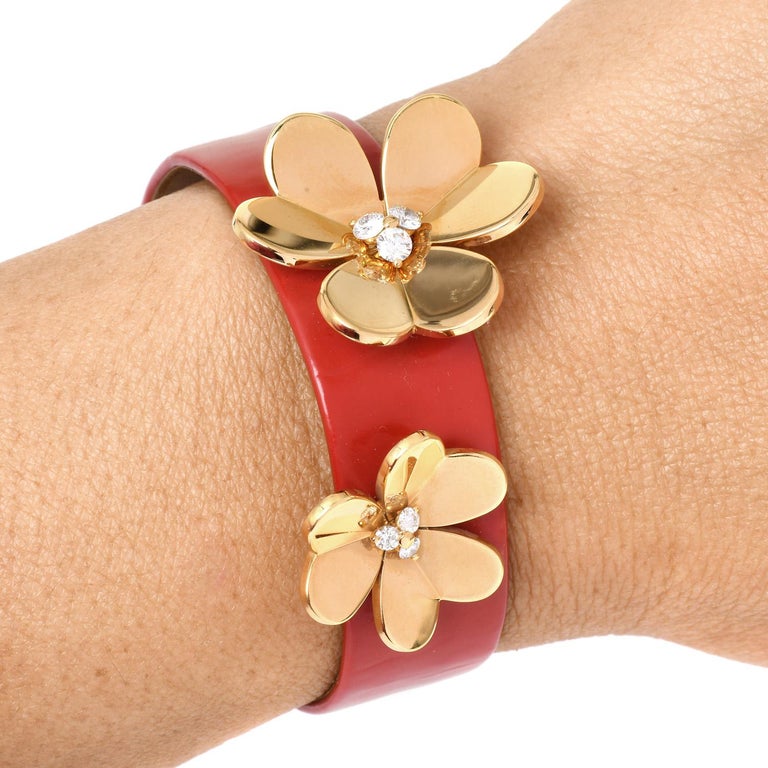 Van Cleef and Arpels "Frivole" Diamond 18K Yellow Gold Flower Leather ...