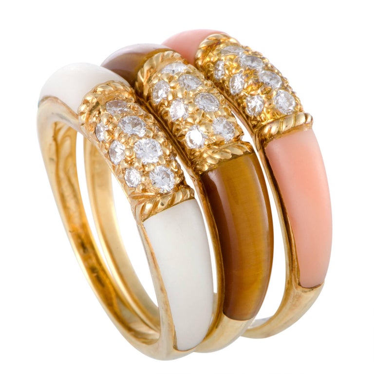 Van Cleef and Arpels Gemstone and Diamond Gold Band Ring Set at 1stDibs