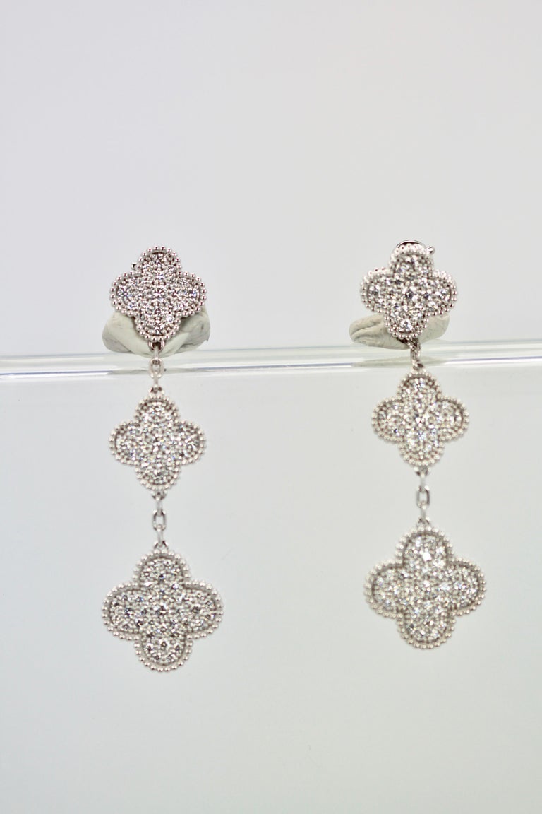 Van Cleef and Arpels Magic Alhambra Diamond 3 Clover Earrings at 1stDibs