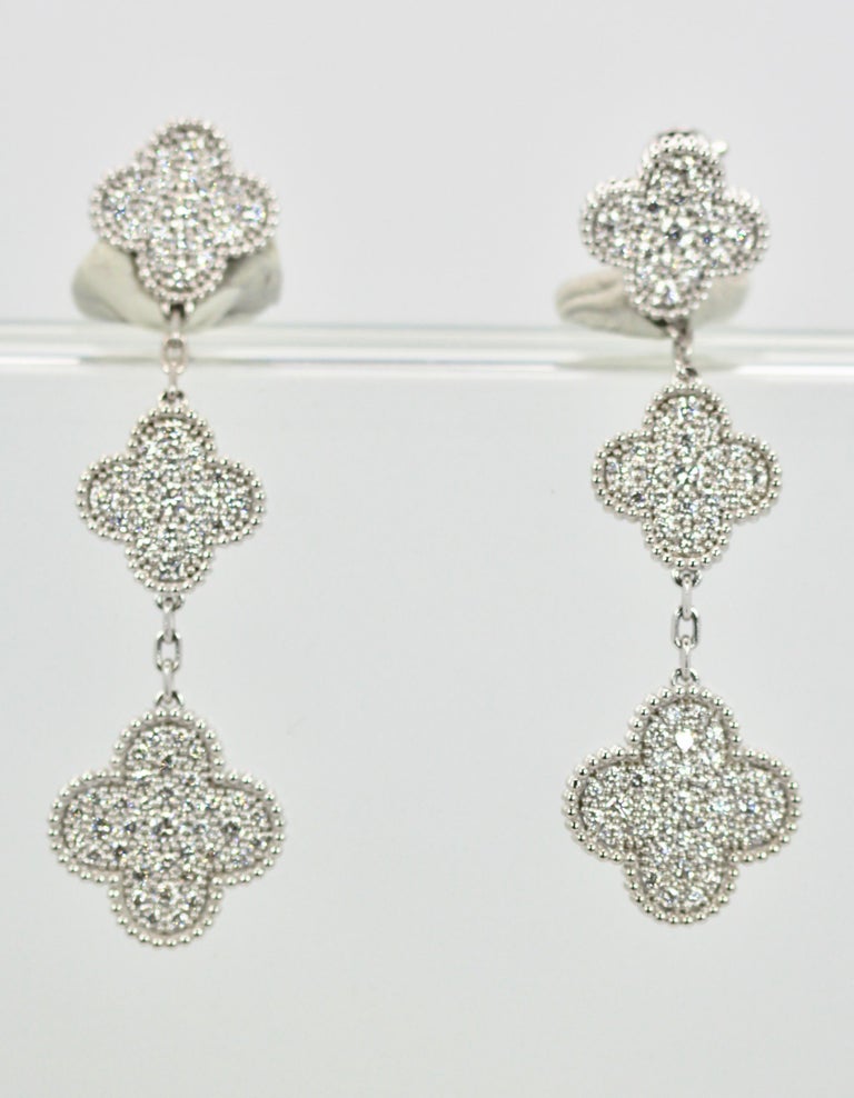 Van Cleef and Arpels Magic Alhambra Diamond 3 Clover Earrings at 1stDibs