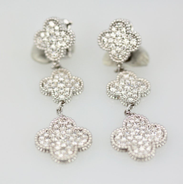 Van Cleef and Arpels Magic Alhambra Diamond 3 Clover Earrings at 1stDibs