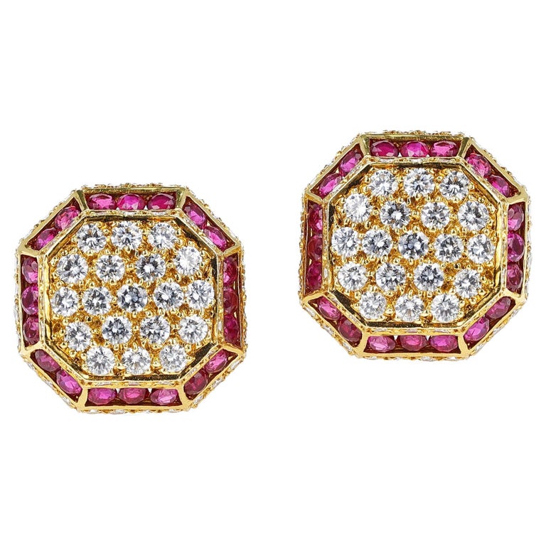 Van Cleef and Arpels Octagonal Shape Ruby and Diamond Earrings, 18K For ...