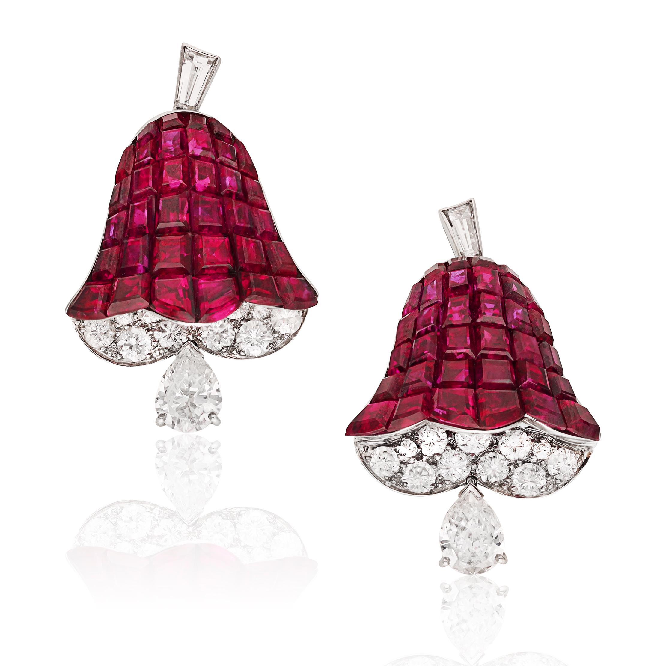 VAN CLEEF and ARPELS Diamond Cluster and Ruby Pendant 'Mystery-Set' Ear ...