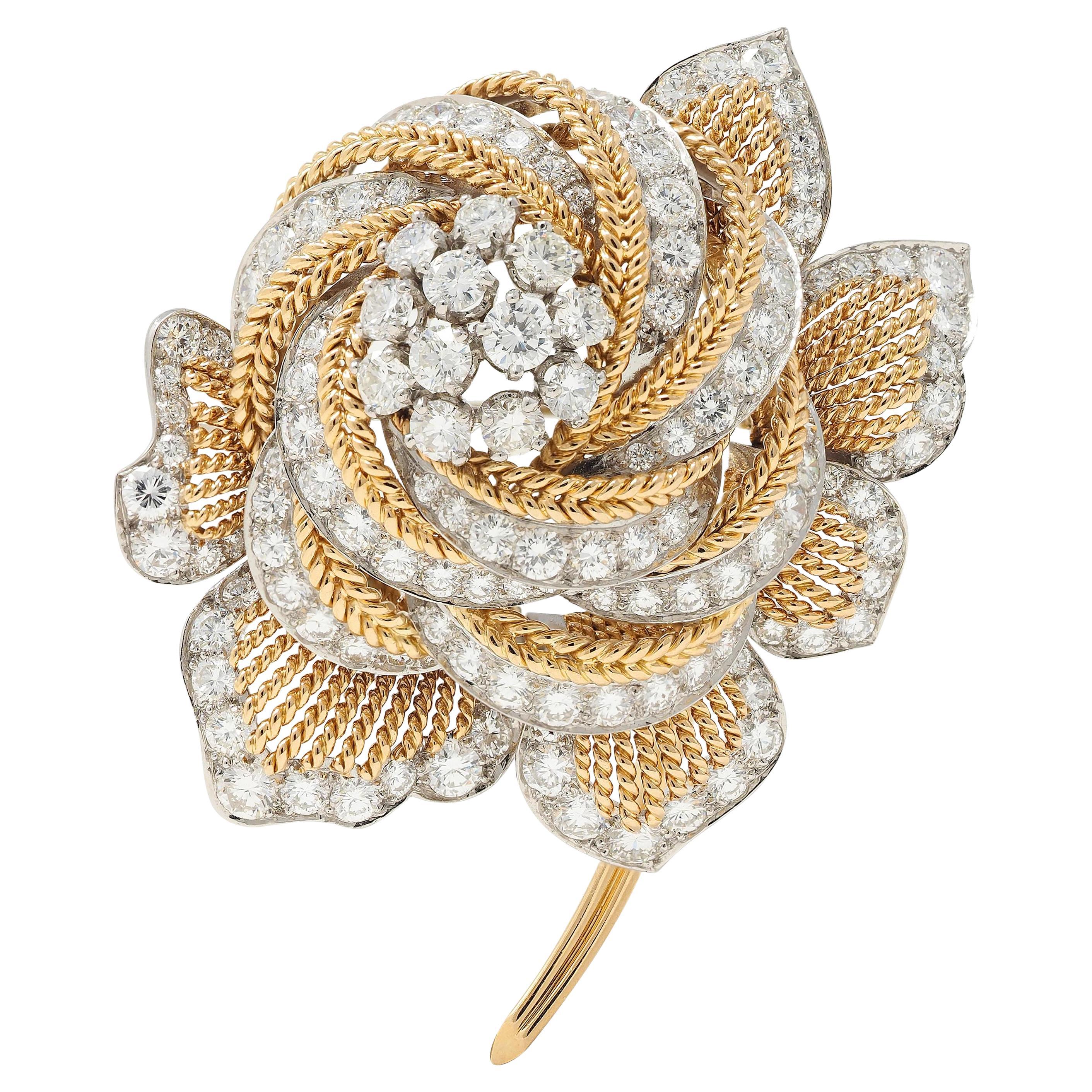 Van Cleef and Arpels Paris Diamond Platinum 18K Gold Vintage Flower Rose Brooch For Sale at 1stDibs