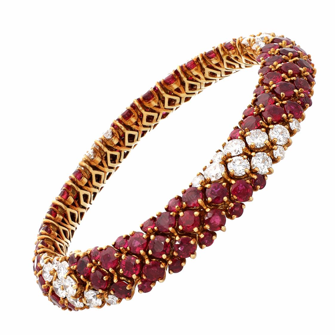 Van Cleef and Arpels Paris 1960s 'Lawn' Diamond Ruby Gold Bracelet For ...