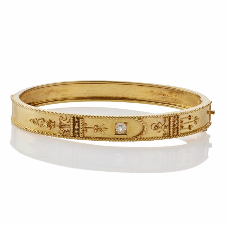 English 15K Gold and Diamond Bangle Bracelet For Sale at 1stDibs