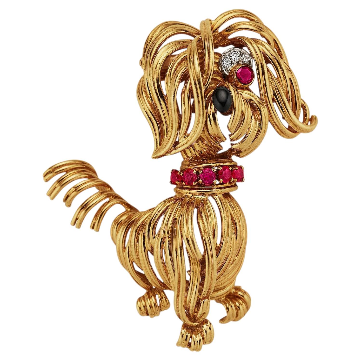 Cartier 1960's Sapphire Emerald 18 Karat Yellow Gold Vintage Wire Dog ...