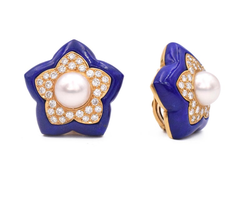 Van Cleef and Arpels Pearl Lapis Lazuli Diamond Star Earrings at 1stDibs