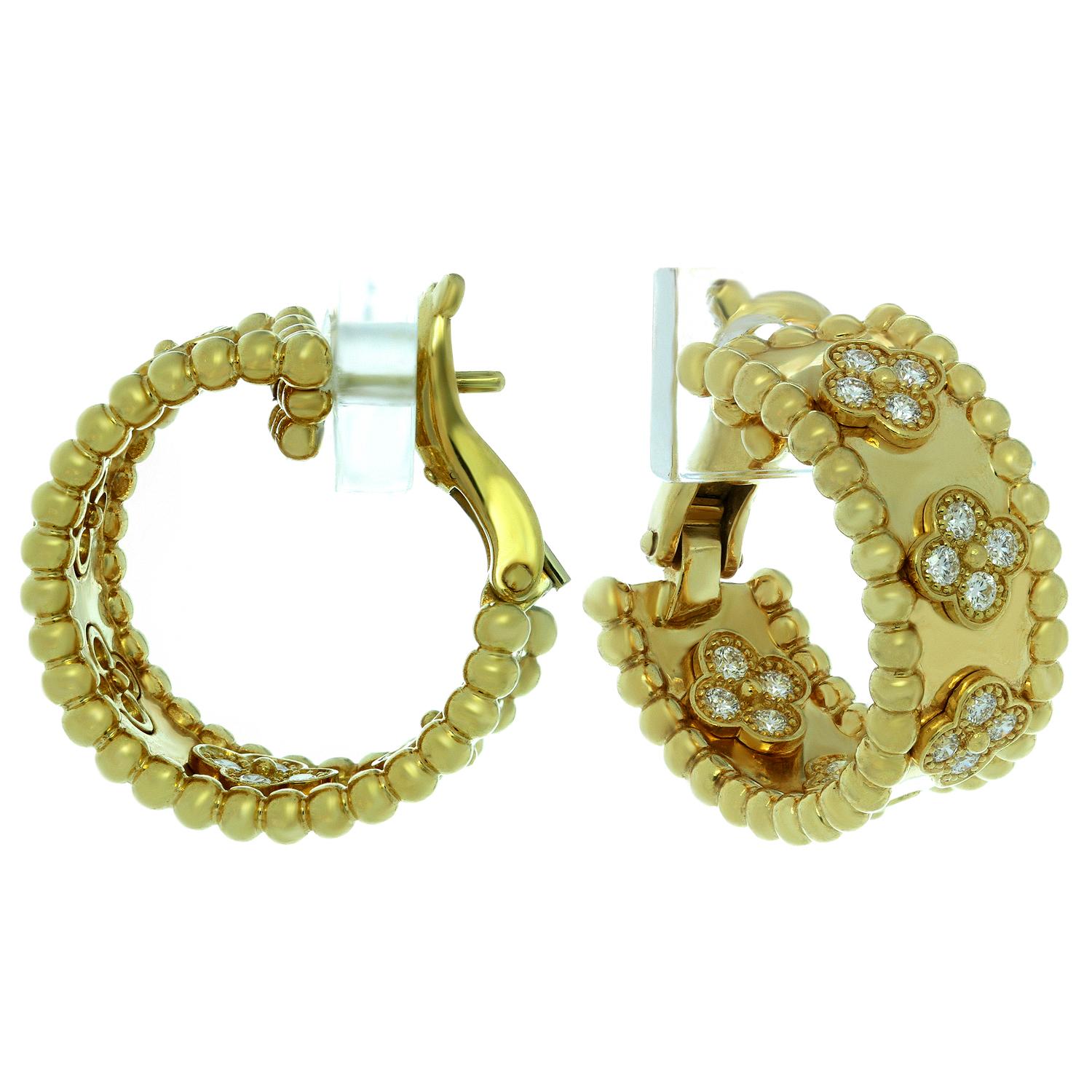 Van Cleef and Arpels Perlée Clover Diamond Yellow Gold Hoop Earrings ...